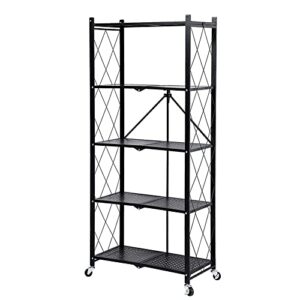 5-tier storage shelves with wheels, heavy duty metal shelf, foldable shelving units, storage rack, rolling shelf no assembly, large capacity organizer shelves for garage kitchen warehouse basement