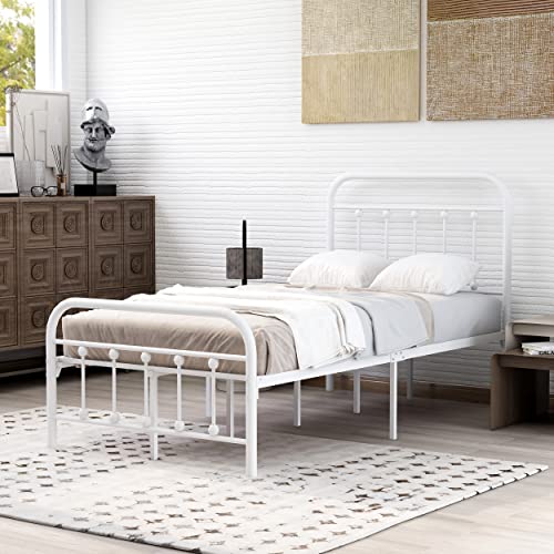 alazyhome Classic Metal Platform Twin Size Bed Frame Mattress Foundation with Victorian Style Iron-Art Headboard Under Bed Storage No Box Spring Needed White