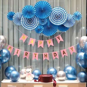 Blue Party Hanging Paper Fans DIY Set，12pcs Set Paper Fans Set Hanging Pinwheels Fan DIY Paper Craft for Wedding Birthday Christmas Party Decoration Hanging Paper Fan Flower Decoration (Pool blue)…