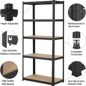 Black Shelves -5 Tier Boltless Garage Shelving Workshop Storage Racking Shelves Heavy Duty Metal Storage Rack Shelf Unit,MDF Sheet Garage Shelf,Adjustable Shelving for Warehouse,Office,Kitchen,Home