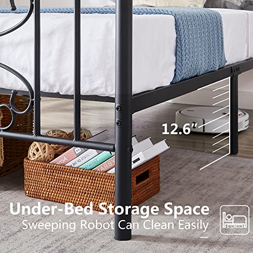 VECELO Queen Metal Platform Bed Frame Mattress Foundation with Iron-Art Headboard and Footboard, No Box Spring Needed, Noise-Free, Easy Assembly, Under Bed Storage