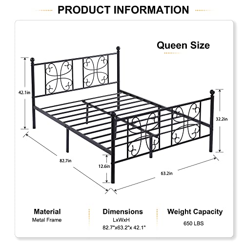 VECELO Queen Metal Platform Bed Frame Mattress Foundation with Iron-Art Headboard and Footboard, No Box Spring Needed, Noise-Free, Easy Assembly, Under Bed Storage