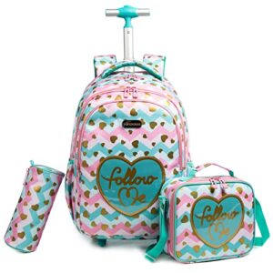 egchescebo girls rolling backpacks with wheels 3pcs heart backpack set for school wheeled luggage suitcase lunch box pencil case large capacity bookbag adjustable trolley for elementary travel pink