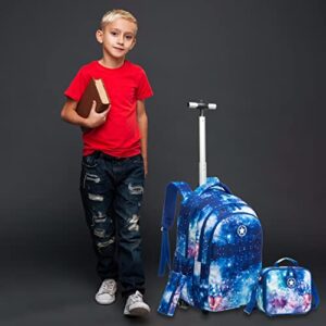 Egchescebo Boys Rolling Backpacks with Wheels 3PCS Starry Sky Backpack for School Wheeled Luggage Suitcase Lunch Box Pencil Case Large Capacity Bookbag Adjustable Trolley for Elementary Travel Blue