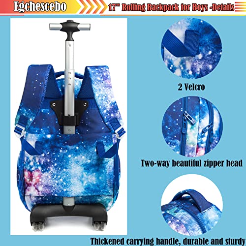 Egchescebo Boys Rolling Backpacks with Wheels 3PCS Starry Sky Backpack for School Wheeled Luggage Suitcase Lunch Box Pencil Case Large Capacity Bookbag Adjustable Trolley for Elementary Travel Blue