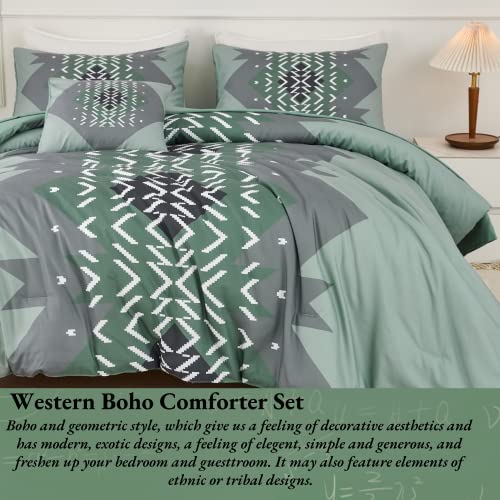 ANGIYUIN 6Pcs Boho Sage Green Comforter Set, Full Size Bed in a Bag, Ultra Soft Microfiber Bedding Set, Western Geometric Lightweight Comforters (Full, Green)