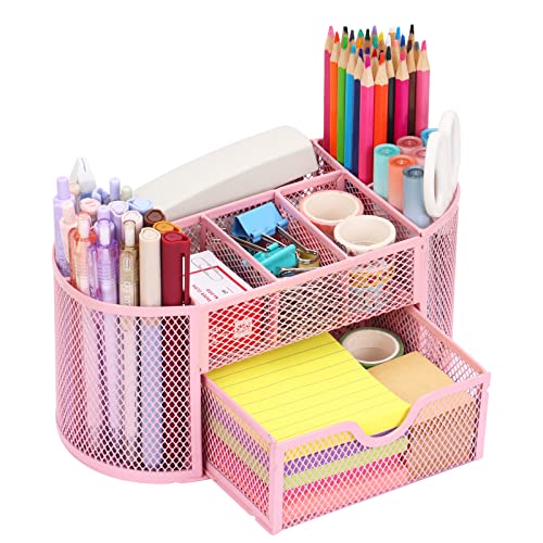 EOOUT Pink Desk Accessories, Pen Holder for Desk, Mesh Desk Organizer with 8 Compartments and 1 Drawer for Office Home School Classroom