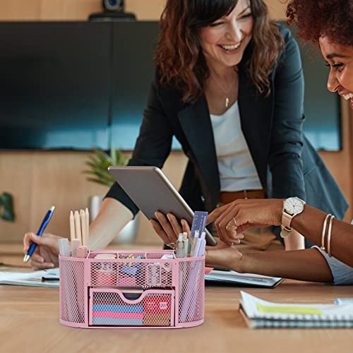 EOOUT Pink Desk Accessories, Pen Holder for Desk, Mesh Desk Organizer with 8 Compartments and 1 Drawer for Office Home School Classroom