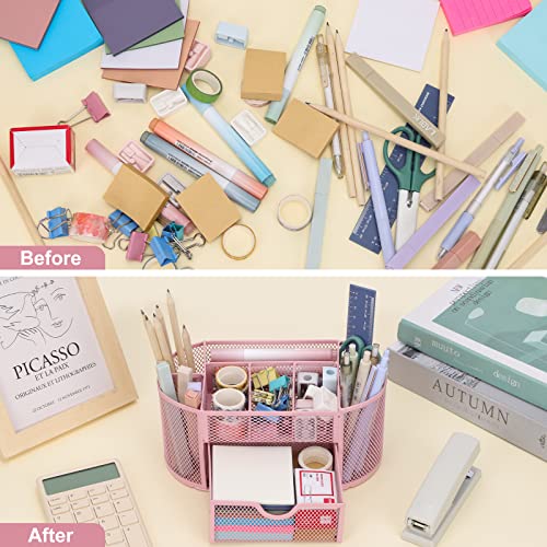 EOOUT Pink Desk Accessories, Pen Holder for Desk, Mesh Desk Organizer with 8 Compartments and 1 Drawer for Office Home School Classroom