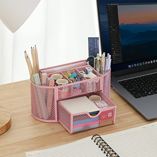 EOOUT Pink Desk Accessories, Pen Holder for Desk, Mesh Desk Organizer with 8 Compartments and 1 Drawer for Office Home School Classroom