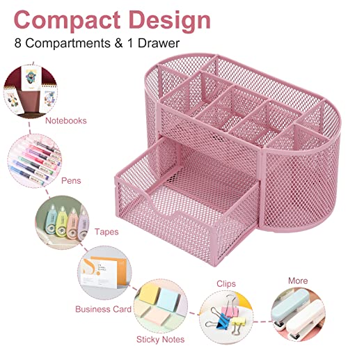 EOOUT Pink Desk Accessories, Pen Holder for Desk, Mesh Desk Organizer with 8 Compartments and 1 Drawer for Office Home School Classroom