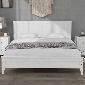 harper & bright designs queen size platform bed frame with headboard, wooden queen size bed with wooden slat support for kids teens adults, queen bed frame for bedroom, no box spring needed, white