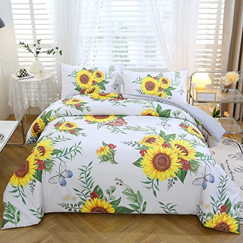 ZRNBAST 3 Pcs Sunflower Comforter Set Queen Size Butterfly Sunflower Floral on White Background, Comforter Bedding Sets Queen Size All Season Bed in A Bag with 1 Comforter 2 Pillowcases