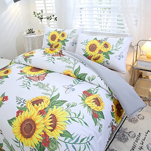 ZRNBAST 3 Pcs Sunflower Comforter Set Queen Size Butterfly Sunflower Floral on White Background, Comforter Bedding Sets Queen Size All Season Bed in A Bag with 1 Comforter 2 Pillowcases