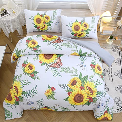 ZRNBAST 3 Pcs Sunflower Comforter Set Queen Size Butterfly Sunflower Floral on White Background, Comforter Bedding Sets Queen Size All Season Bed in A Bag with 1 Comforter 2 Pillowcases