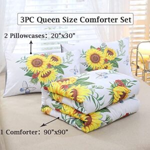 ZRNBAST 3 Pcs Sunflower Comforter Set Queen Size Butterfly Sunflower Floral on White Background, Comforter Bedding Sets Queen Size All Season Bed in A Bag with 1 Comforter 2 Pillowcases