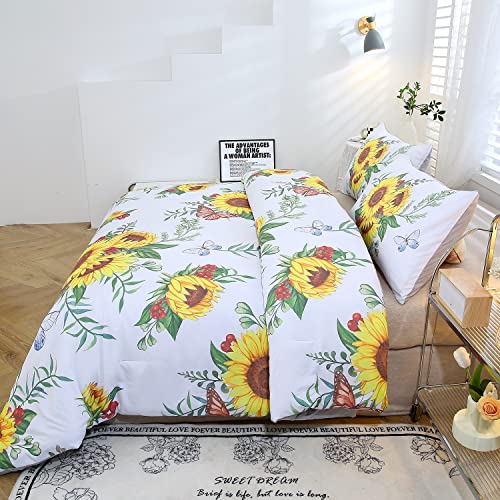 ZRNBAST 3 Pcs Sunflower Comforter Set Queen Size Butterfly Sunflower Floral on White Background, Comforter Bedding Sets Queen Size All Season Bed in A Bag with 1 Comforter 2 Pillowcases