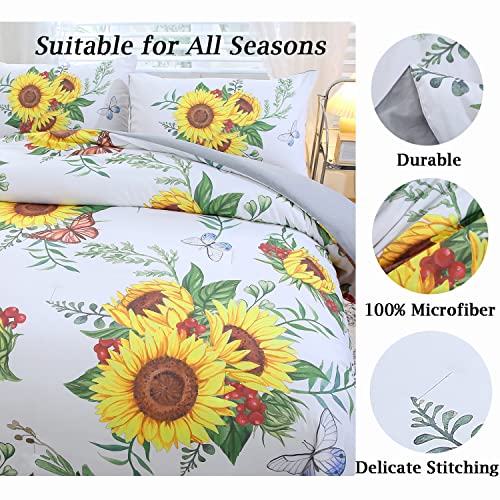 ZRNBAST 3 Pcs Sunflower Comforter Set Queen Size Butterfly Sunflower Floral on White Background, Comforter Bedding Sets Queen Size All Season Bed in A Bag with 1 Comforter 2 Pillowcases