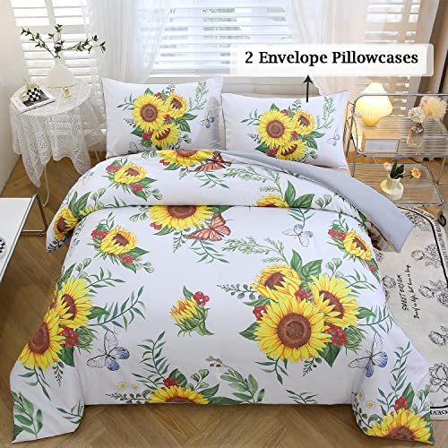 ZRNBAST 3 Pcs Sunflower Comforter Set Queen Size Butterfly Sunflower Floral on White Background, Comforter Bedding Sets Queen Size All Season Bed in A Bag with 1 Comforter 2 Pillowcases