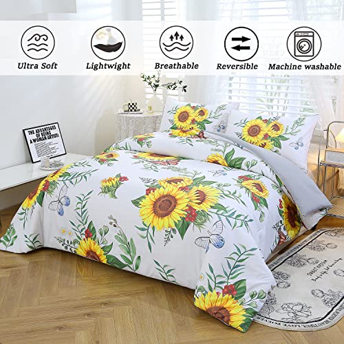 ZRNBAST 3 Pcs Sunflower Comforter Set Queen Size Butterfly Sunflower Floral on White Background, Comforter Bedding Sets Queen Size All Season Bed in A Bag with 1 Comforter 2 Pillowcases