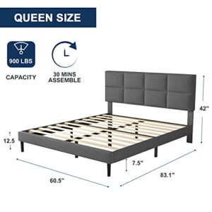 Molblly Queen Bed Frame Upholstered Platform with Headboard, Strong Frame and Wooden Slats Support, Linen Fabric Wrap, Non-Slip and Noise-Free,No Box Spring Needed, Easy Assembly, Dark Grey