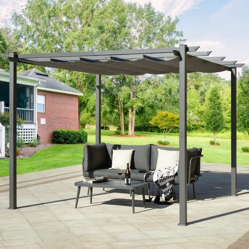 EROMMY 10' x 10' Outdoor Pergola with Retractable Sun Shade Canopy, Aluminum Frame, Patio Pavilion Grill Gazebo with Weather-Resistant Fabric for Garden Backyard Deck Lawn, Gray