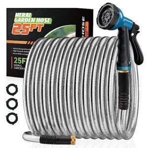 besiter garden hose 25ft stainless steel water hose with 10 functions adjustable spray nozzle,heavy-duty metal garden hose flexible durable no-tangle & kink leak dog proof hose for yard lawn