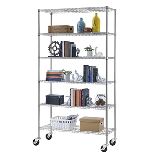 Alohappy 6 Tier Adjustable Metal Shelf Wire Shelving Unit Storage with Wheels 82" H x 48" L x 18" D for Home Kitchen Garage Pantry (Silver)