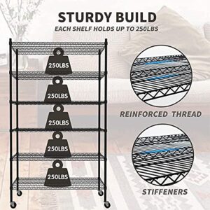 Alohappy 6 Tier Adjustable Metal Shelf Wire Shelving Unit Storage with Wheels 82" H x 48" L x 18" D for Home Kitchen Garage Pantry (Silver)