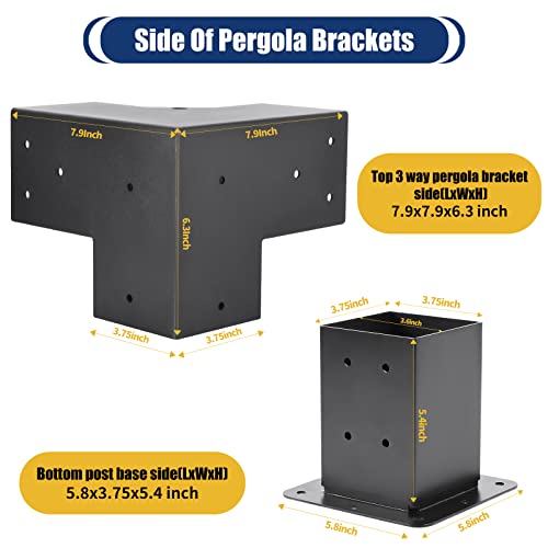 Nrspp Pergola Bracket，4x4 Pergola Kit 3-Way Right Angle Corner Bracket with Black Powder Coated,Woodwork DIY Pergola Kit & Post Base Brackets for Gazebos, Patio Pergolas(Actual: 3.5"x3.5") 4 Set