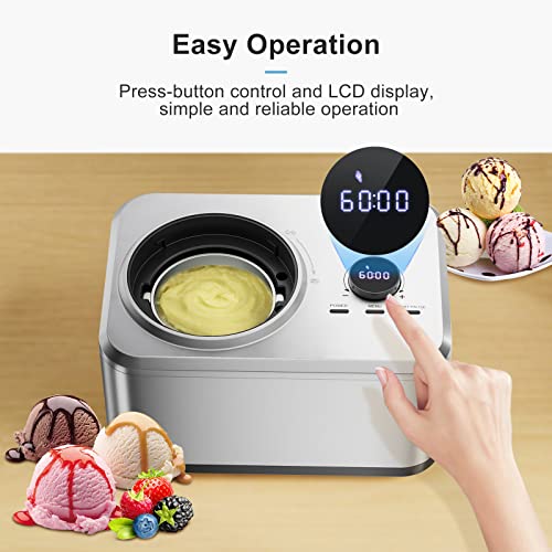 LHRIVER Ice Cream Maker,1.5 Quart Stainless Steel Automatic Ice Cream Maker Machine with LCD Timer,No Pre-freezing,for Making Ice Cream,Gelato,Frozen Yogurt in 30-60 min