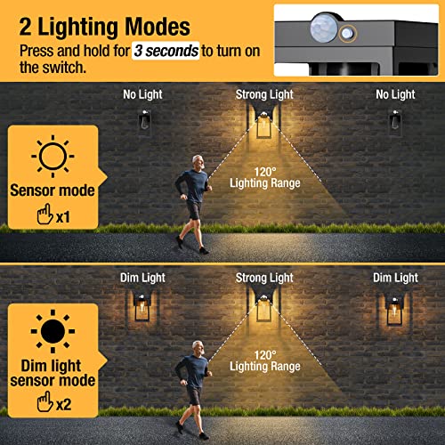 [2 Pack] Solar Wall Lights Outdoor Motion sensor, Wireless Solar Porch Lights with 2 Modes & Waterproof, Dusk to Dawn LED Outdoor Solar Lights for House, Exterior Front Porch Patio Fence Security Lamp