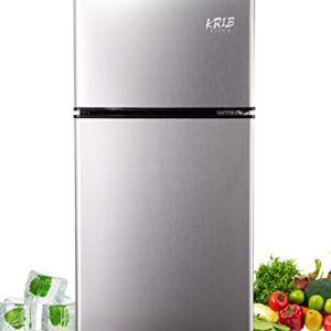 KRIB BLING 3.5 Cu.Ft Refrigerator 2 Door 7 Level Adjustable Thermostat Control Top-Freezer Refrigerator Lock Fresh Energy Saving Silver