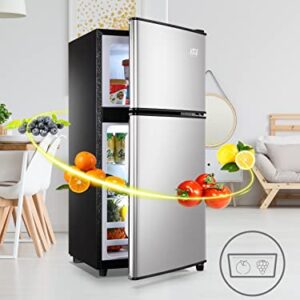 KRIB BLING 3.5 Cu.Ft Refrigerator 2 Door 7 Level Adjustable Thermostat Control Top-Freezer Refrigerator Lock Fresh Energy Saving Silver