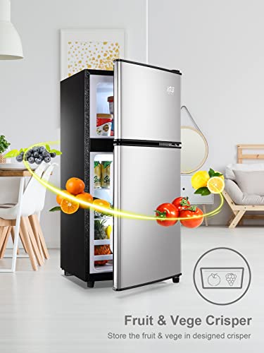 KRIB BLING 3.5 Cu.Ft Refrigerator 2 Door 7 Level Adjustable Thermostat Control Top-Freezer Refrigerator Lock Fresh Energy Saving Silver