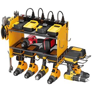 cccei modular power tool organizer wall mount charging station, yellow 6 drills holder with 8 plug power strip, garage drill battery heavy duty metal shelf, utility rack with hooks, side storage.