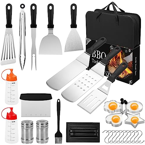 Griddle Accessories Kit, 30PCS Flat Top Grill Accessories Kit for Blackstone and Camp Chef, Stainless Steel Griddle Grill Tools with Enlarged Spatulas, Scraper, Tongs, Carrying Bag for Outdoor BBQ