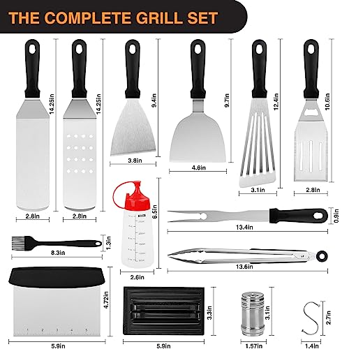 Griddle Accessories Kit, 30PCS Flat Top Grill Accessories Kit for Blackstone and Camp Chef, Stainless Steel Griddle Grill Tools with Enlarged Spatulas, Scraper, Tongs, Carrying Bag for Outdoor BBQ