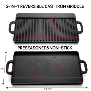 Keleday 20 Inch Cast Iron Griddle Pre-Seasoned Cast Iron Reversible Grill Griddle Pan with Two Handles Square Grill Pan for Stove top Oven and Camping Fire Indoor and Outdoor Use