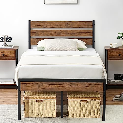 Alkmaar 12 Inch Twin Size Bed Frame Platform with Headboard and Footboard No Box Spring Needed Metal-Wood Platform Bedframe, Easy Assembly Brown