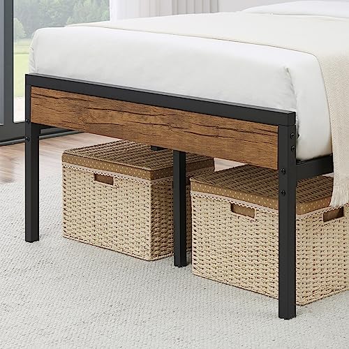 Alkmaar 12 Inch Twin Size Bed Frame Platform with Headboard and Footboard No Box Spring Needed Metal-Wood Platform Bedframe, Easy Assembly Brown