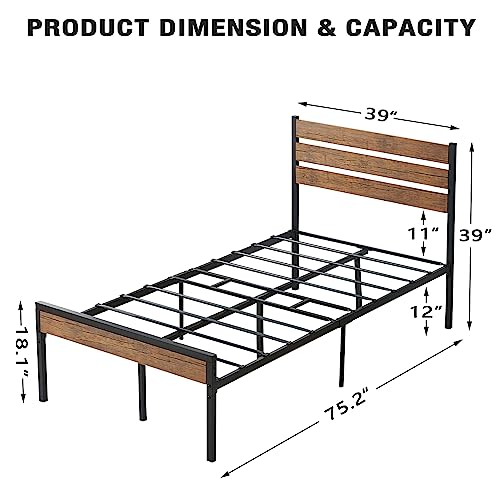 Alkmaar 12 Inch Twin Size Bed Frame Platform with Headboard and Footboard No Box Spring Needed Metal-Wood Platform Bedframe, Easy Assembly Brown