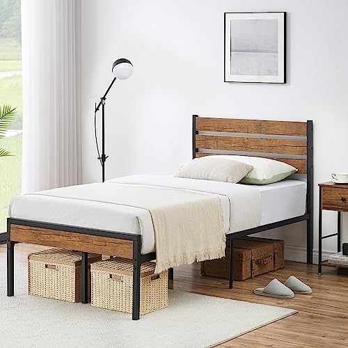 Alkmaar 12 Inch Twin Size Bed Frame Platform with Headboard and Footboard No Box Spring Needed Metal-Wood Platform Bedframe, Easy Assembly Brown