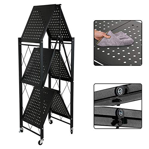 ATAAY Foldable Storage Shelves with Wheels,Metal Storage Shelving Units, Heavy Duty Collapsible Kitchen Shelves Bookshelf,Small Rack with Wheels/White