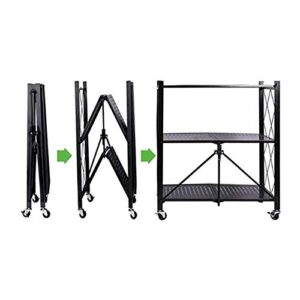 ATAAY Foldable Storage Shelves with Wheels,Metal Storage Shelving Units, Heavy Duty Collapsible Kitchen Shelves Bookshelf,Small Rack with Wheels/White