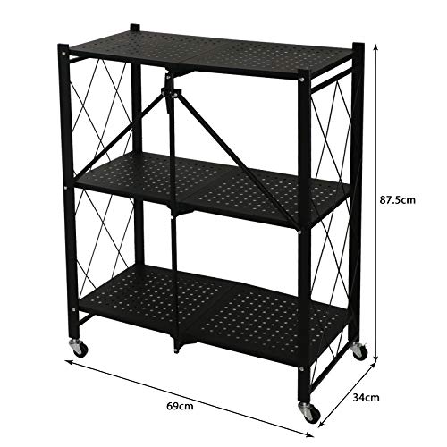 ATAAY Foldable Storage Shelves with Wheels,Metal Storage Shelving Units, Heavy Duty Collapsible Kitchen Shelves Bookshelf,Small Rack with Wheels/White