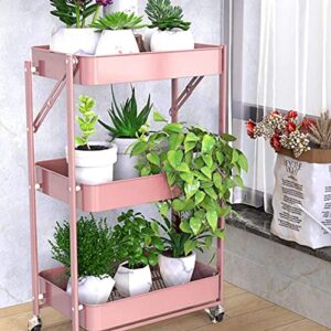 ATAAY Storage Trolley Rolling Trolley Storage Rack Utility Rack Tier Metal Debris Trolley Kitchen Storage/Pink