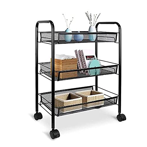 ATAAY Mesh Rolling Utility Cart，Rolling Utility Cart on Wheels Metal Mesh Storage Cart Storage Organizer Vegetable Rack Shelves for Kitchen Office Bathroom Laundry/Black