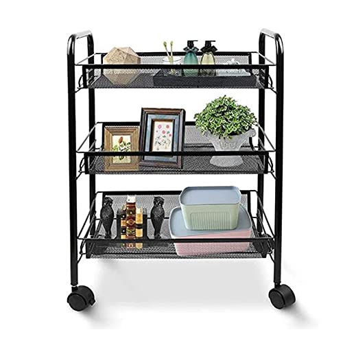 ATAAY Mesh Rolling Utility Cart，Rolling Utility Cart on Wheels Metal Mesh Storage Cart Storage Organizer Vegetable Rack Shelves for Kitchen Office Bathroom Laundry/Black