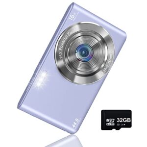 digital camera 4k 44mp with 32gb sd card, 2.4 inch point and shoot camera with 16x digital zoom, compact mini camera kids camera for teens boys girls adults students seniors(dc6-x3 purple1)